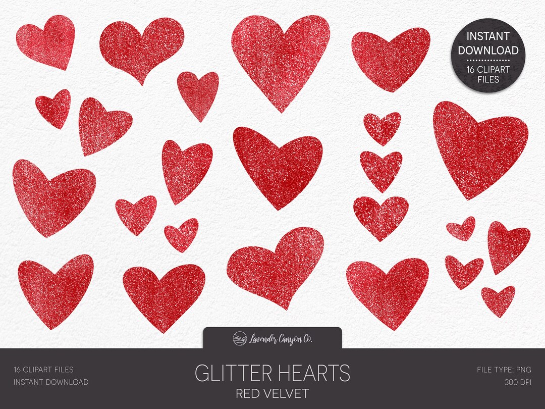 Glitter Heart Red Velvet Clipart PNG, Red Glitter Digital Hand-drawn ...
