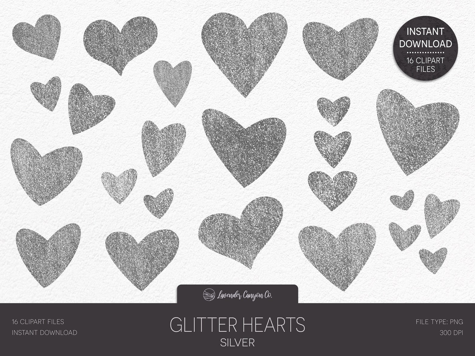 Glitter Heart Silver Clipart PNG, Silver Glitter Digital Hand-drawn ...
