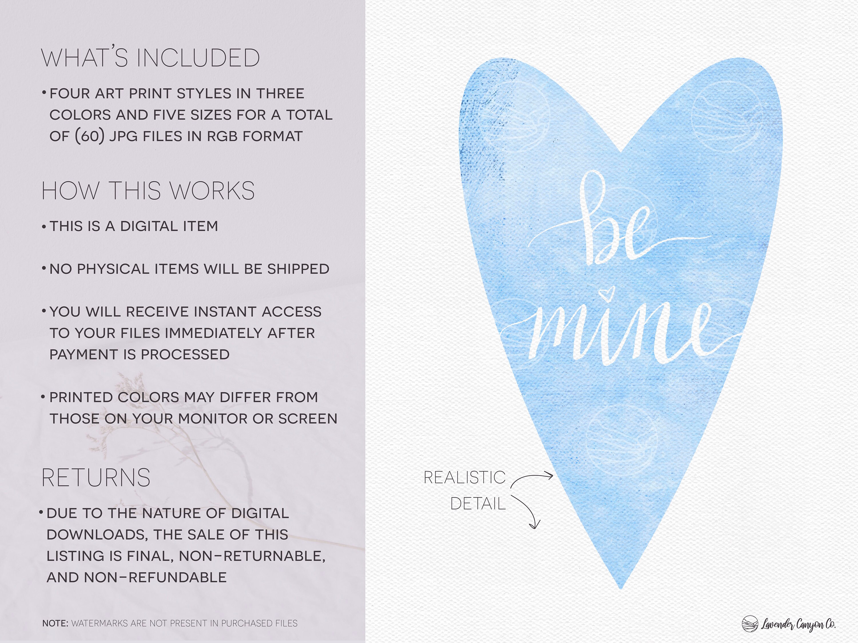 Heart Watercolor Periwinkle Digital Art Print Bundle, Blue and Purple ...