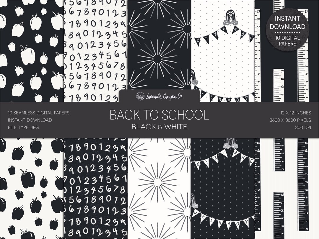 Back to School Black and White Digital Paper, Seamless Background ...