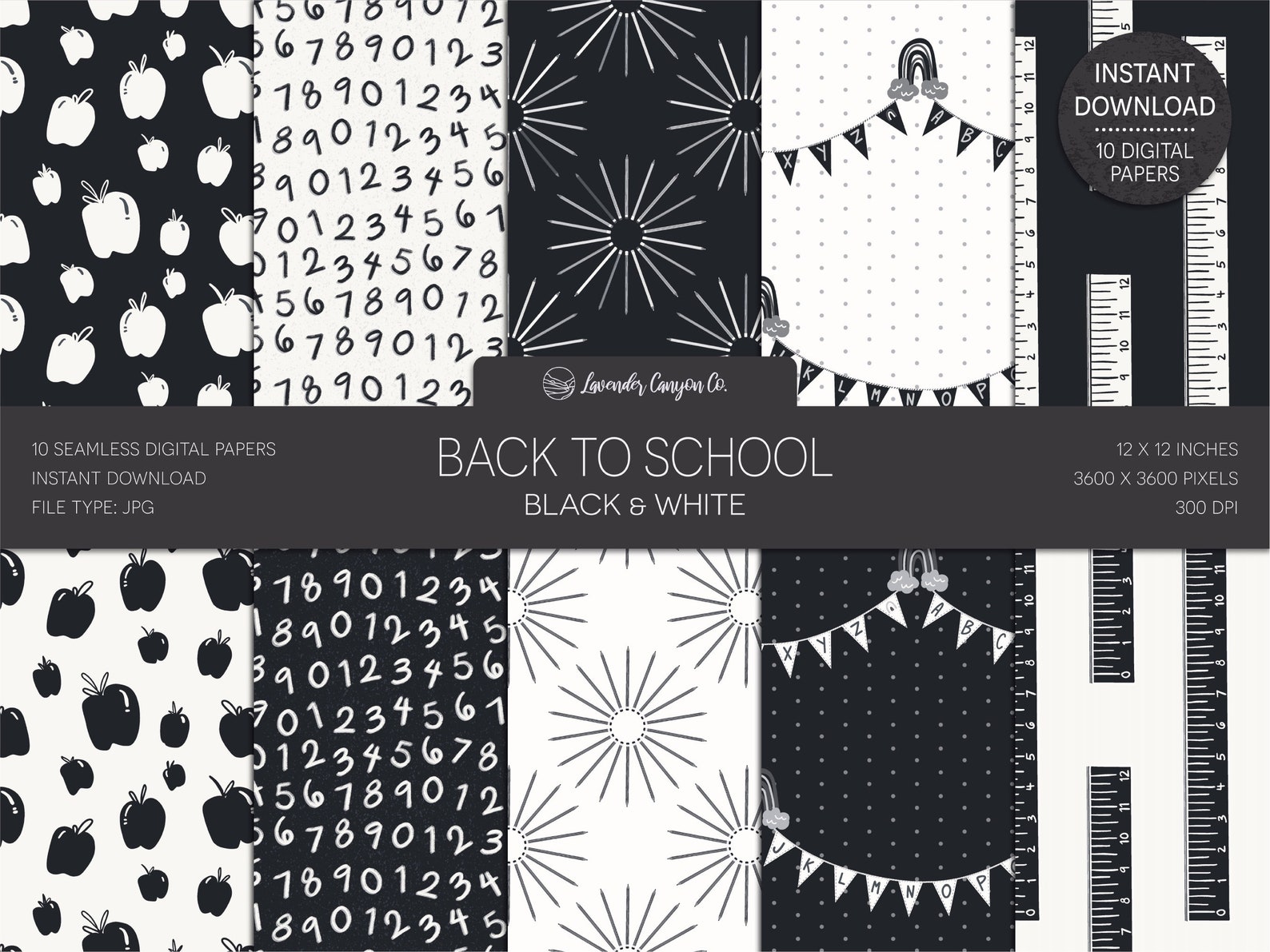 Back to School Black and White Digital Paper, Seamless Background ...