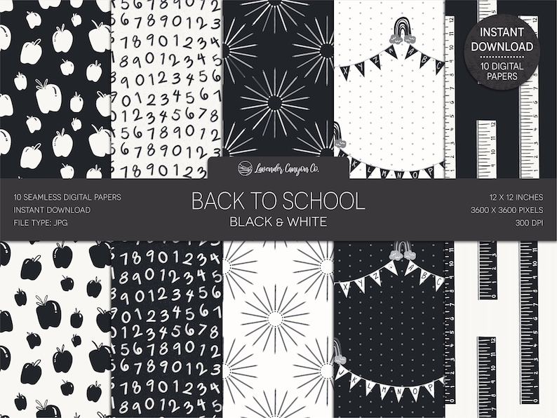 Back to School Black and White Digital Paper, Seamless Background ...