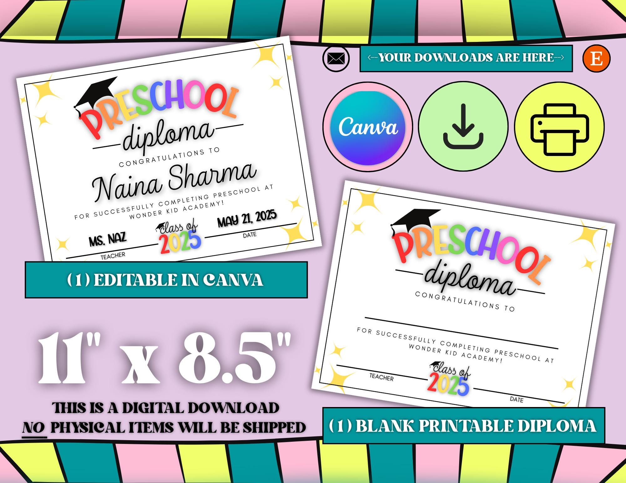 Editable Preschool Diploma Template, Instant Download, 2025 Preschool ...