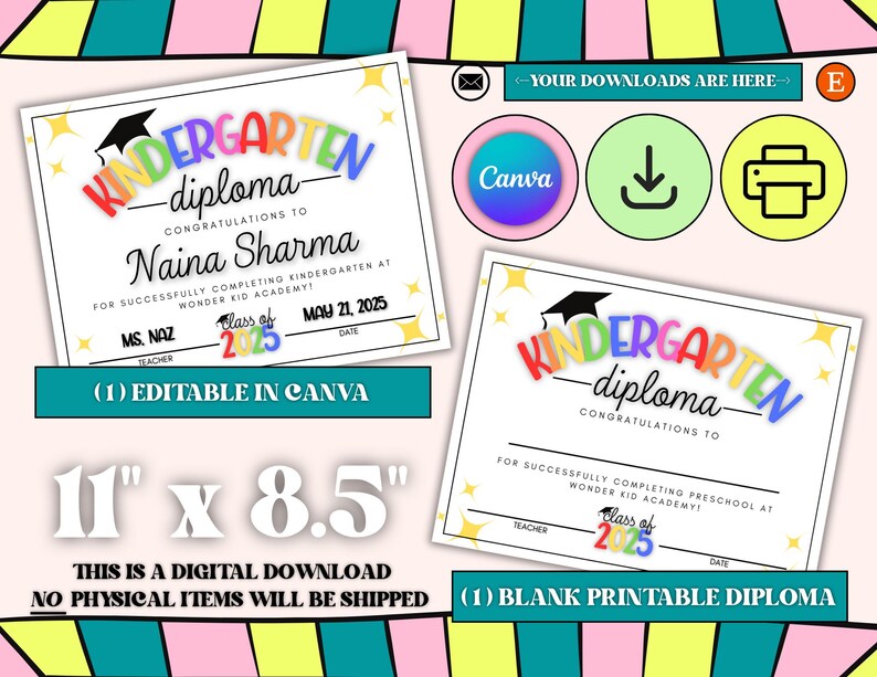 Editable Kindergarten Diploma Template, Instant Download, 2024 ...