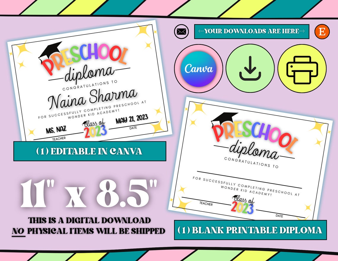 Editable Preschool Diploma Template Instant Download - Etsy
