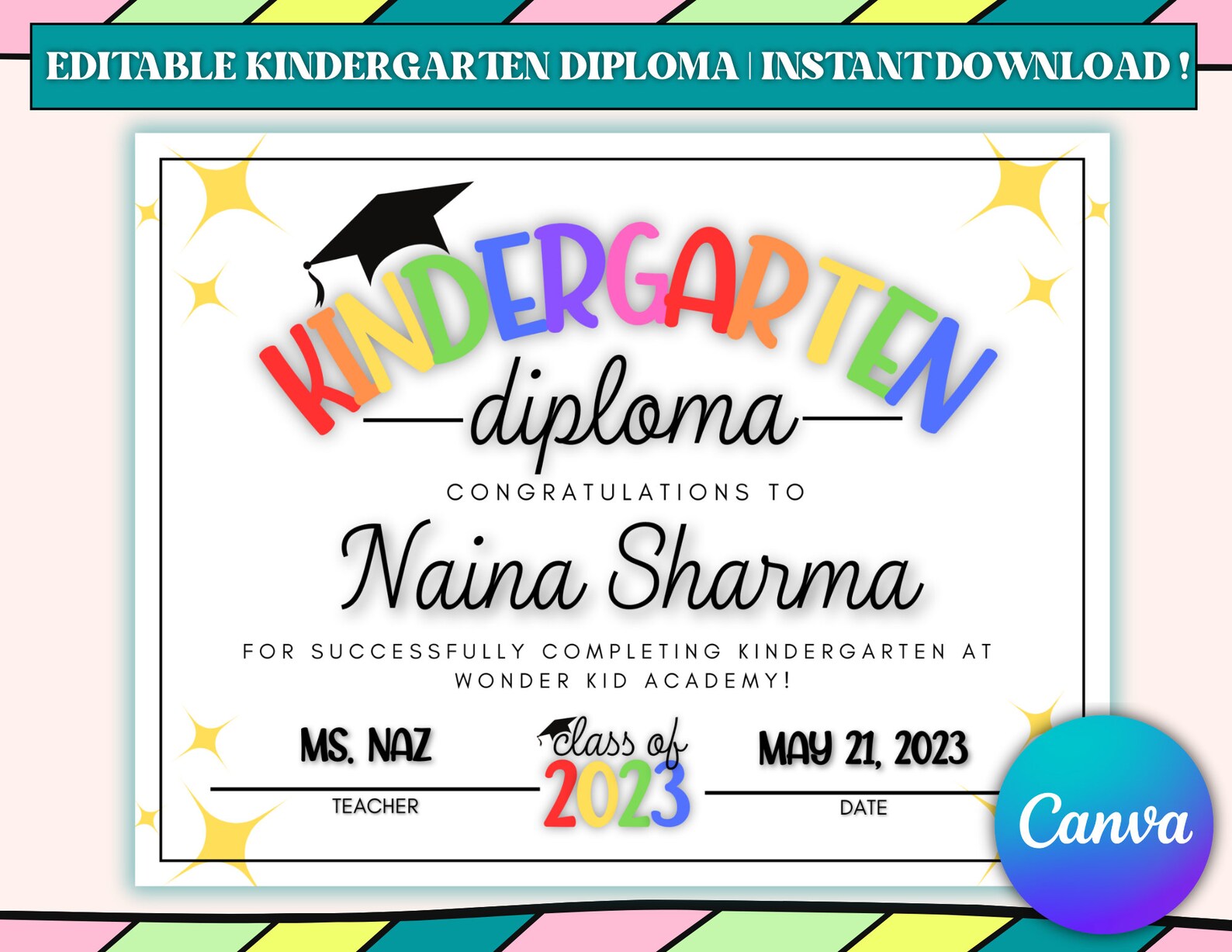 Editable Kindergarten Diploma Template, Instant Download, Kindergarten ...