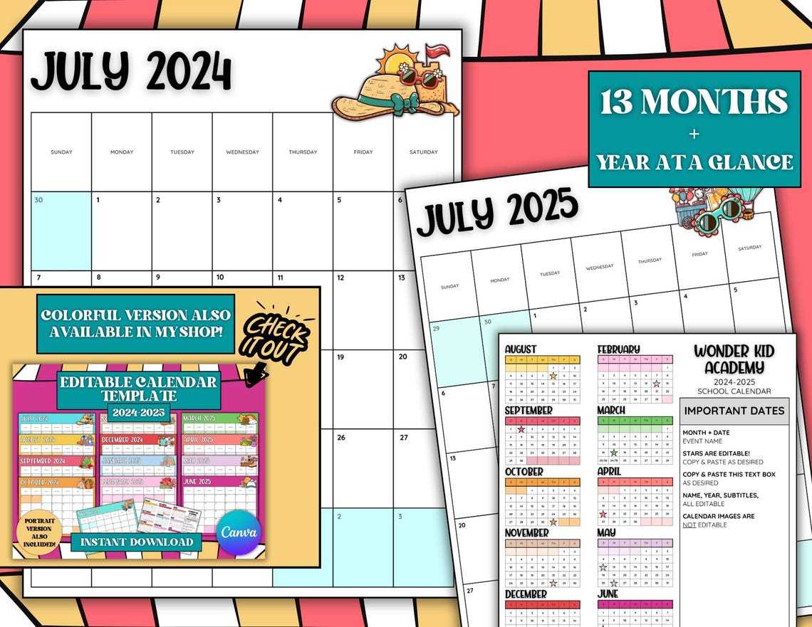 2024-2025 Editable School Year Calendar Printable Template Instant ...