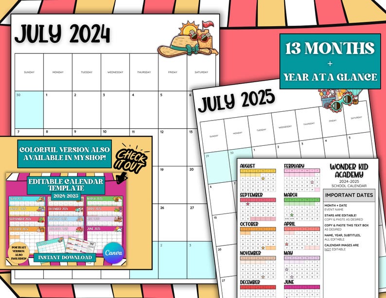 2024-2025 Editable School Year Calendar Printable Template Instant ...