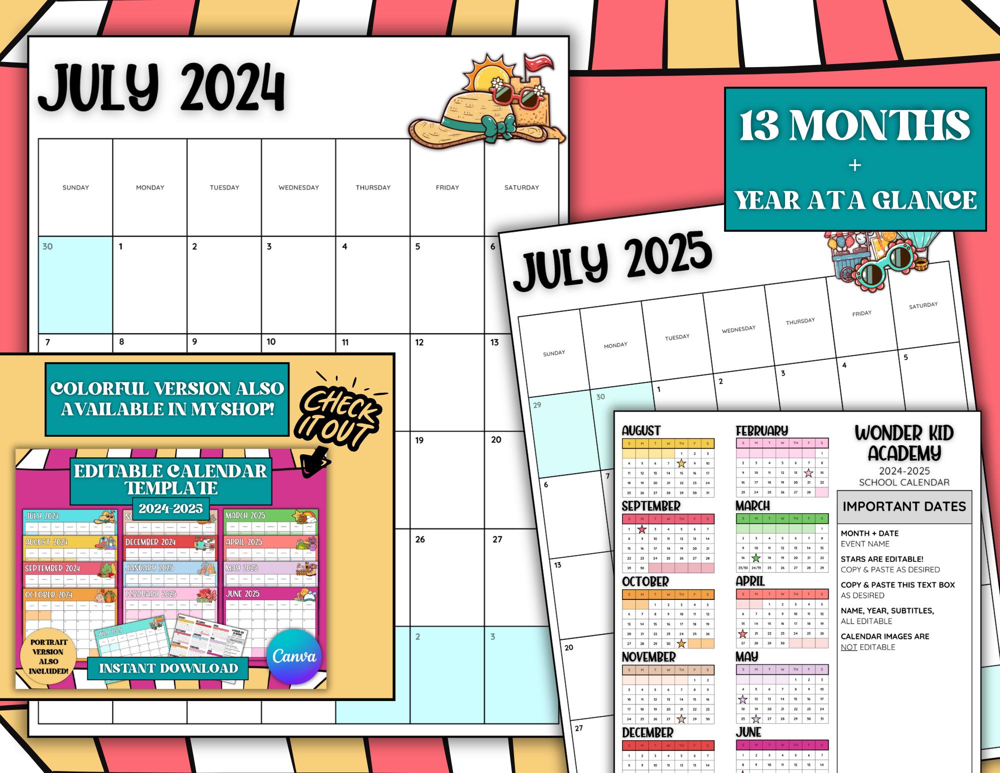2024-2025 Editable School Year Calendar Printable Template Instant ...