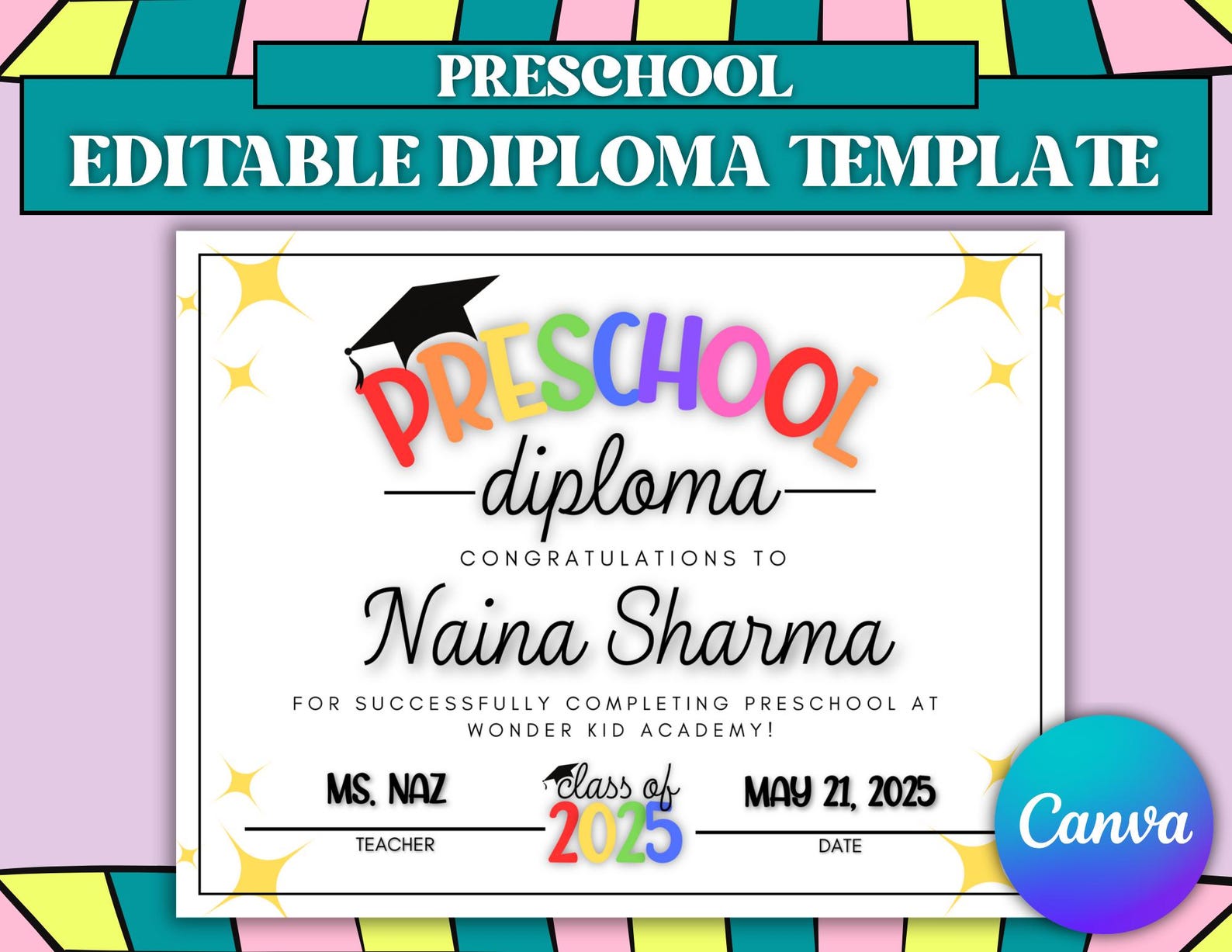 Editable Preschool Diploma Template, Instant Download, 2025 Preschool ...