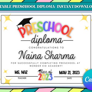 Editable Preschool Diploma Template Instant Download - Etsy