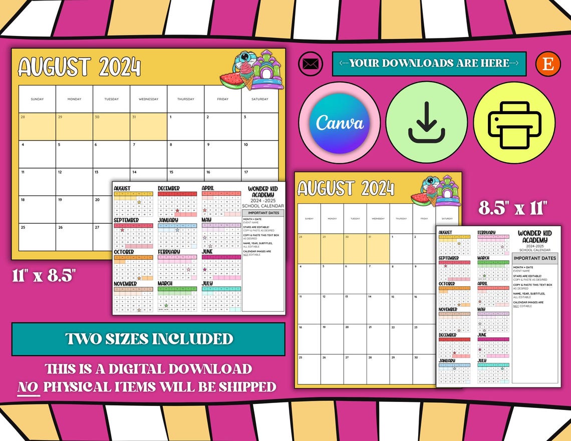 2024-2025 Editable School Year Calendar Printable Template Instant ...