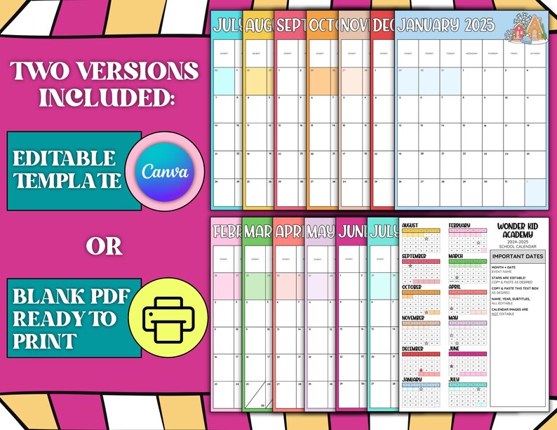 2024-2025 Editable School Year Calendar Printable Template Instant ...