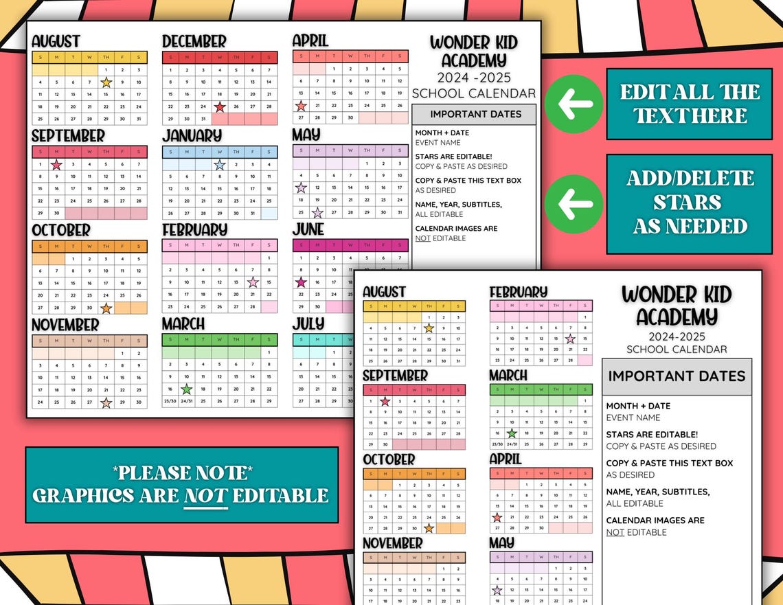 2024-2025 Editable School Year Calendar Printable Template Instant ...