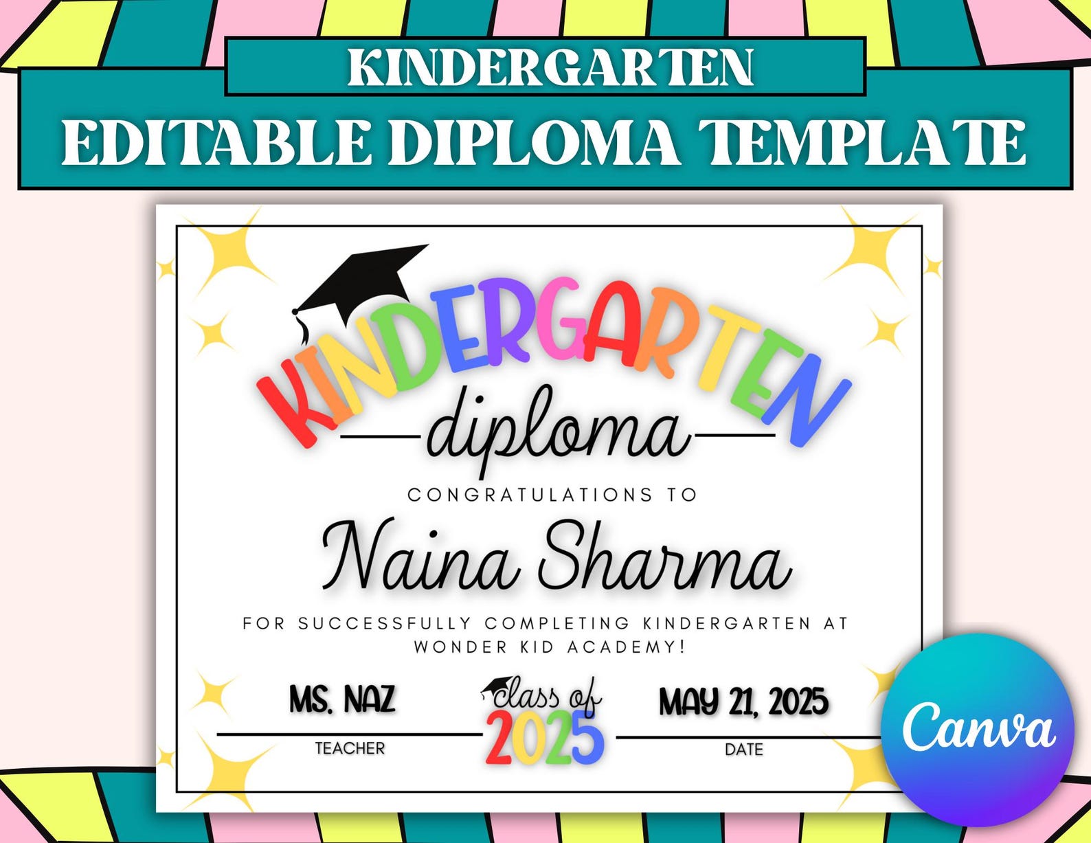 Editable Kindergarten Diploma Template, Instant Download, 2024 ...