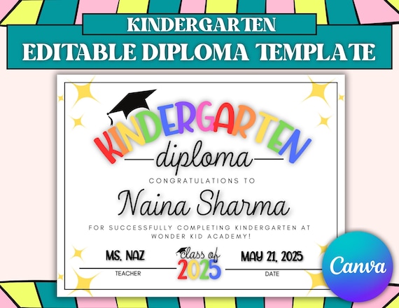 Editable Kindergarten Diplomas Printable School Diploma Template