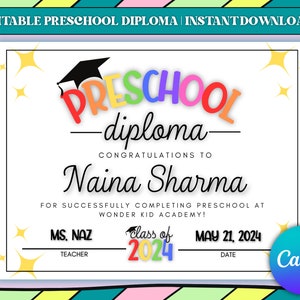 Editable Preschool Diploma Template, Instant Download, 2024 Preschool ...