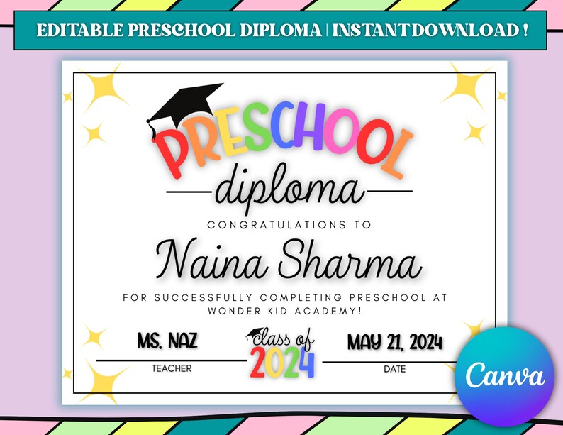 Editable Preschool Diploma Template, Instant Download, 2024 Preschool ...