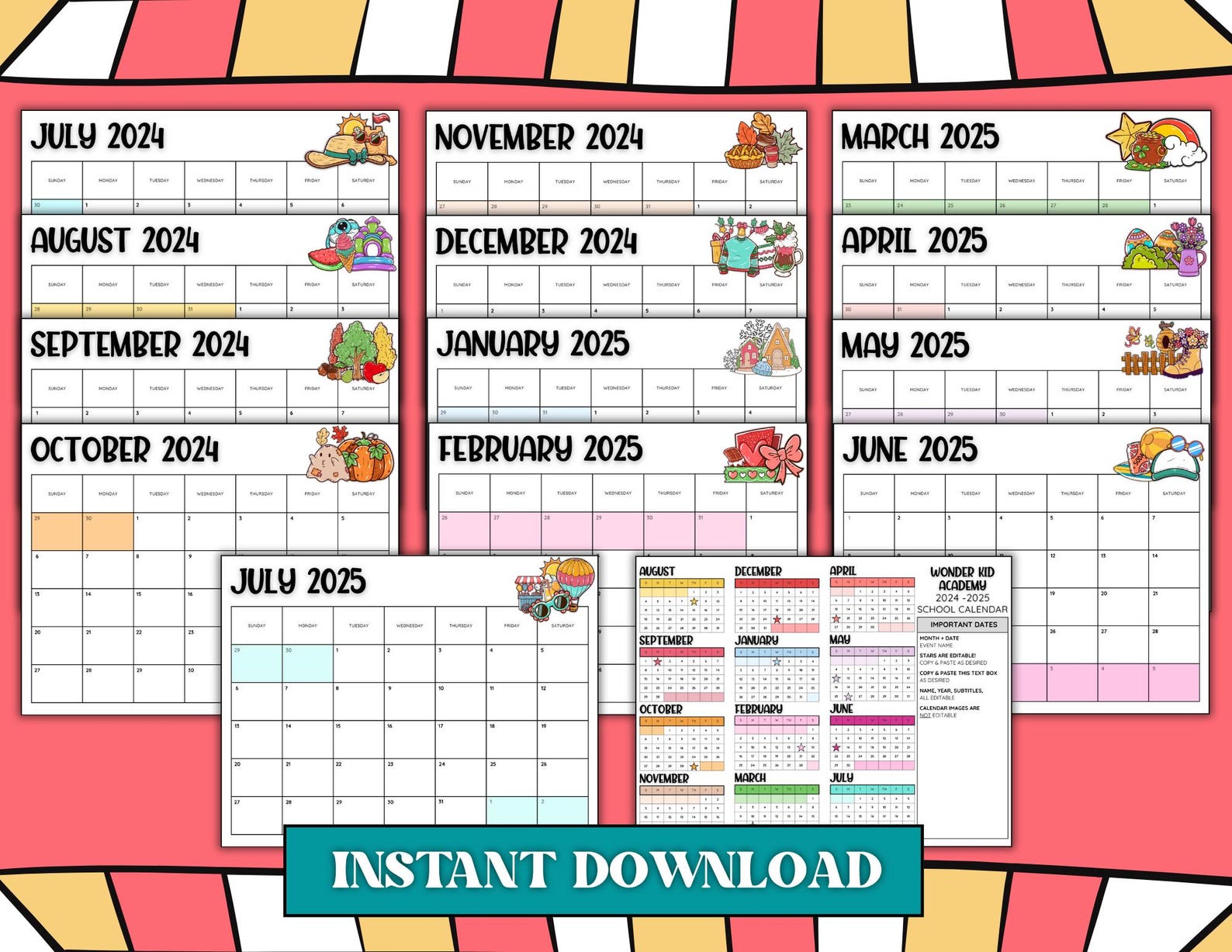 2024-2025 Editable School Year Calendar Printable Template Instant ...