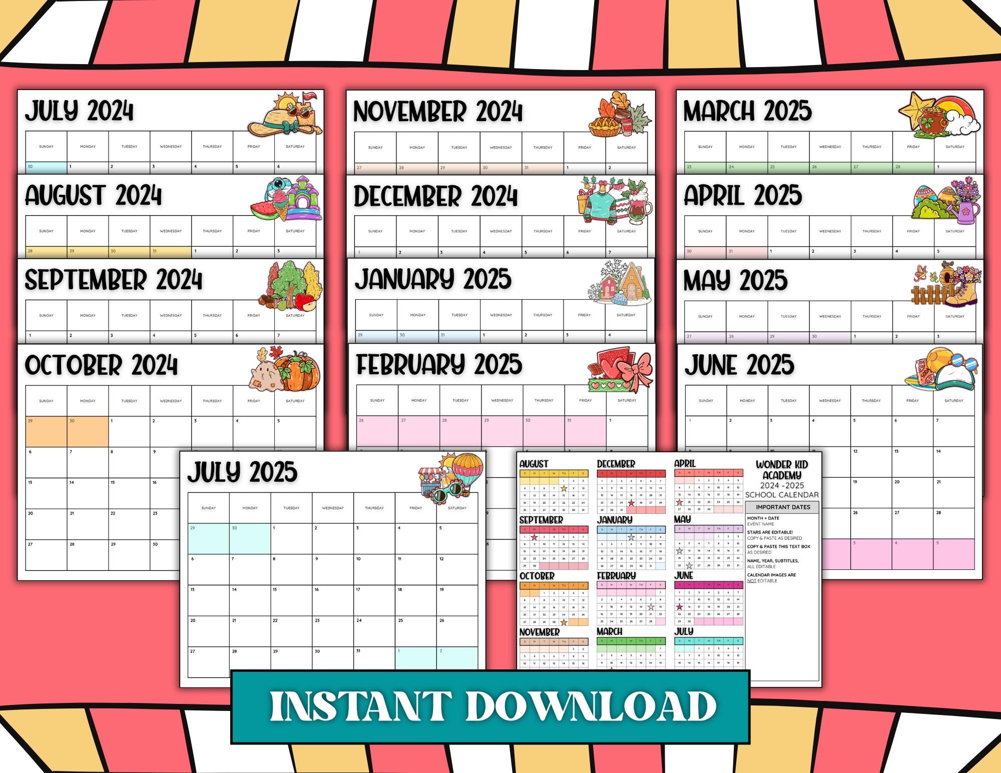 2024-2025 Editable School Year Calendar Printable Template Instant ...