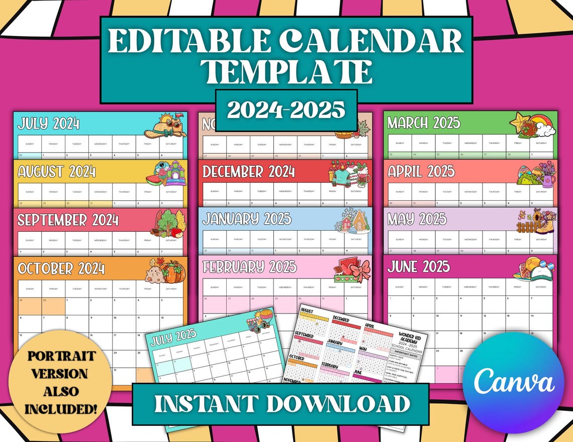 2024-2025 Editable School Year Calendar Printable Template Instant ...