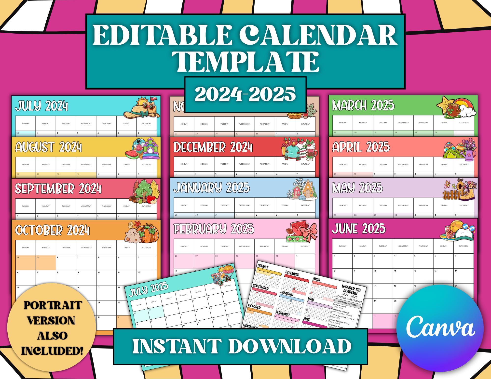 2024-2025 Editable School Year Calendar Printable Template Instant ...
