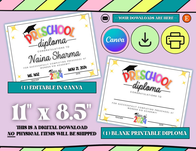 Editable Preschool Diploma Template, Instant Download, 2024 Preschool ...