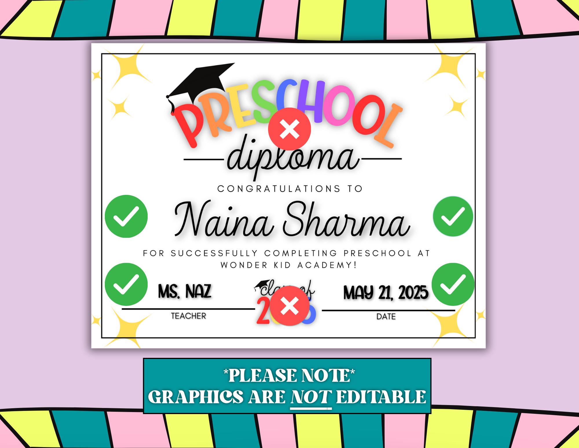 Editable Preschool Diploma Template, Instant Download, 2025 Preschool ...