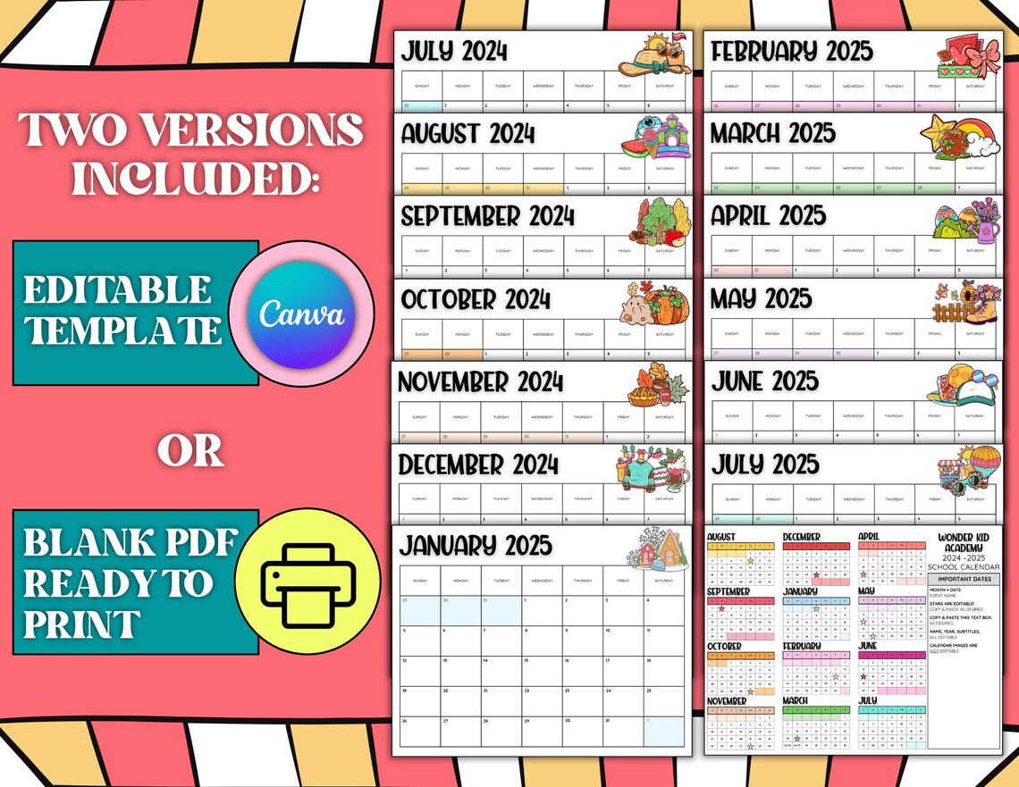 2024-2025 Editable School Year Calendar Printable Template Instant ...