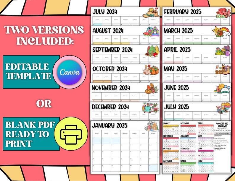 2024-2025 Editable School Year Calendar Printable Template Instant ...