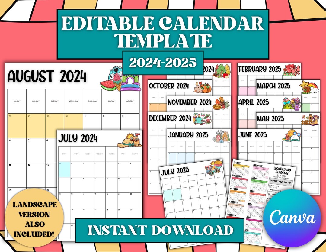 2024-2025 Editable School Year Calendar Printable Template Instant ...