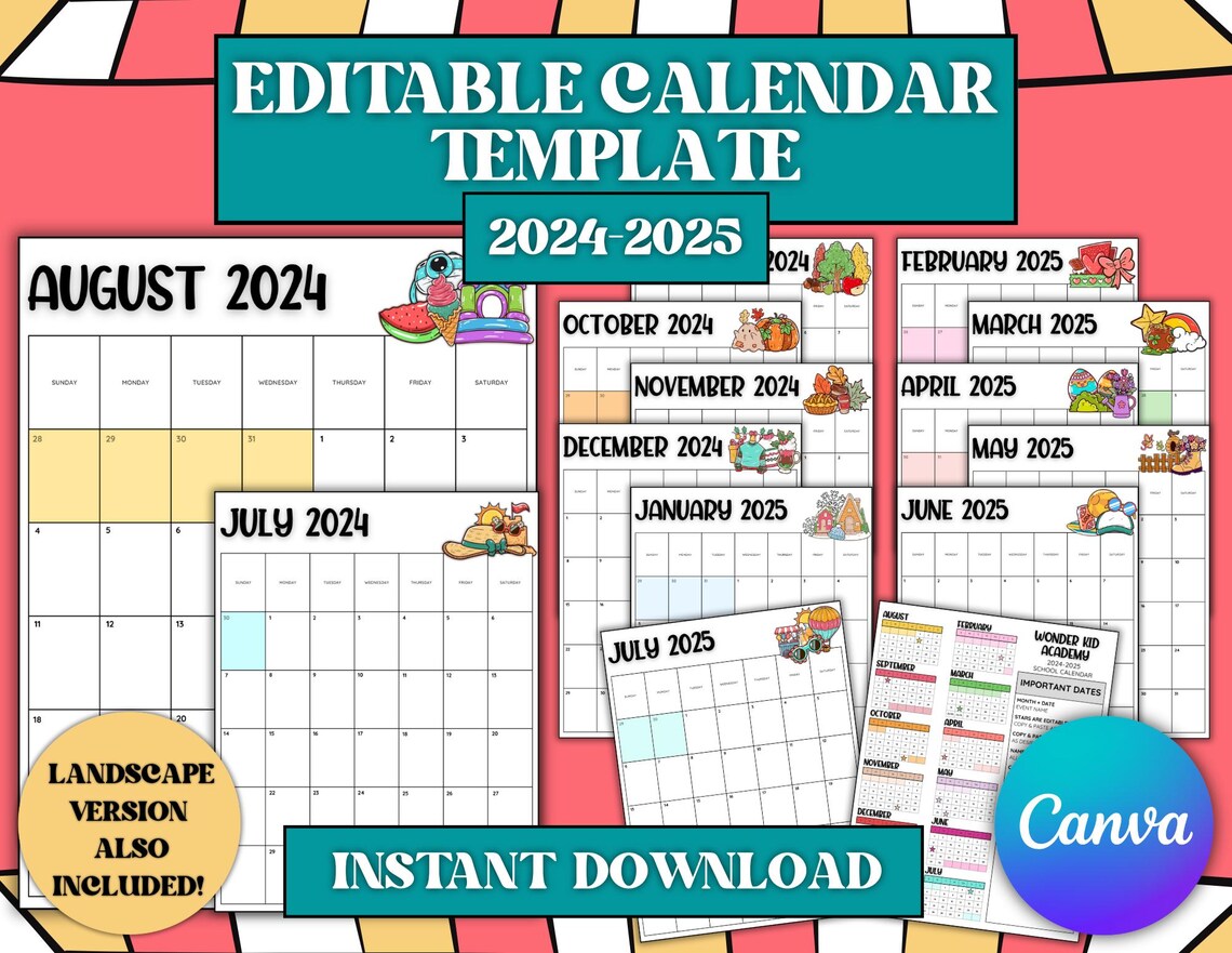 2024-2025 Editable School Year Calendar Printable Template Instant ...
