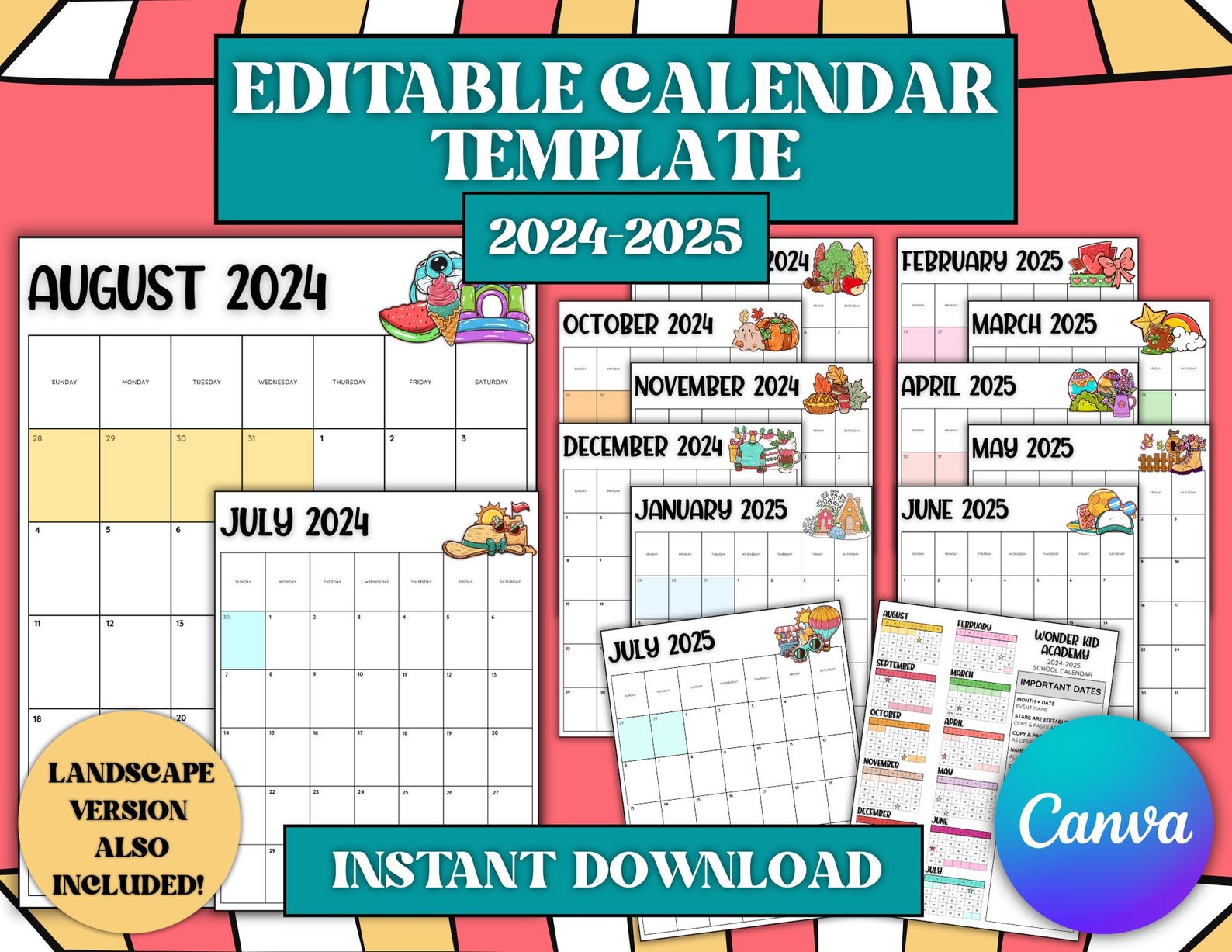 2024-2025 Editable School Year Calendar Printable Template Instant ...