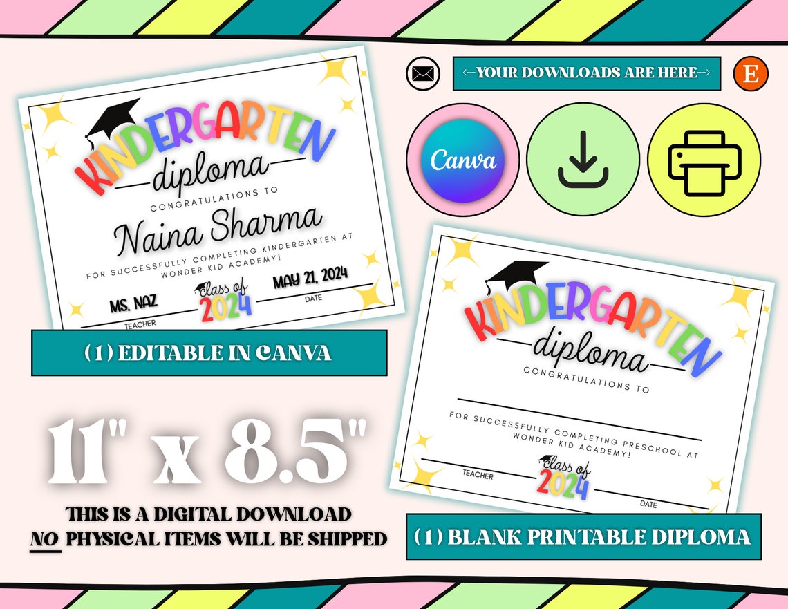 Editable Kindergarten Diploma Template, Instant Download, 2024 ...