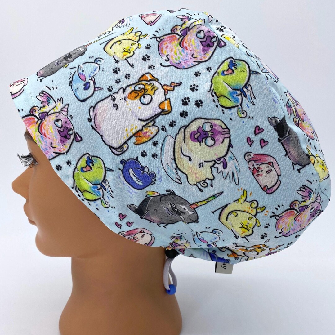 Funny Scrub Cap Women's Euro Surgical Hat With Pug Unicorns, Unipugs - Etsy