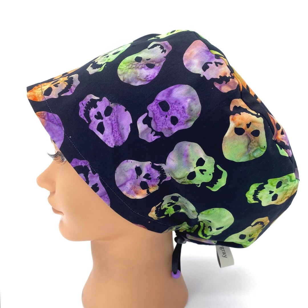 Halloween Skulls Scrub Cap Women's Black Euro Surgical Hat, Hallodome ...