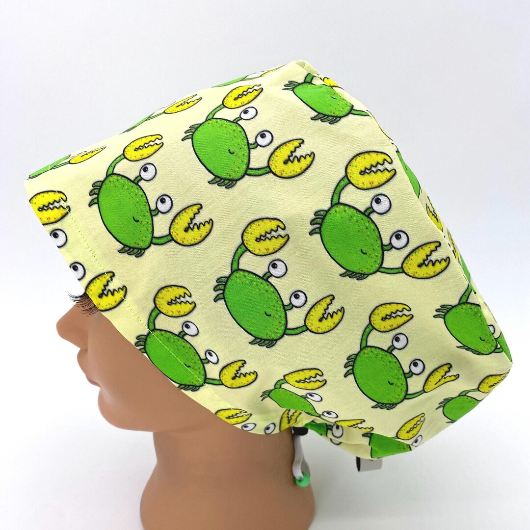 Women's Funny Euro Surgical Scrub Cap Yellow With Green Crabs, Claws in ...