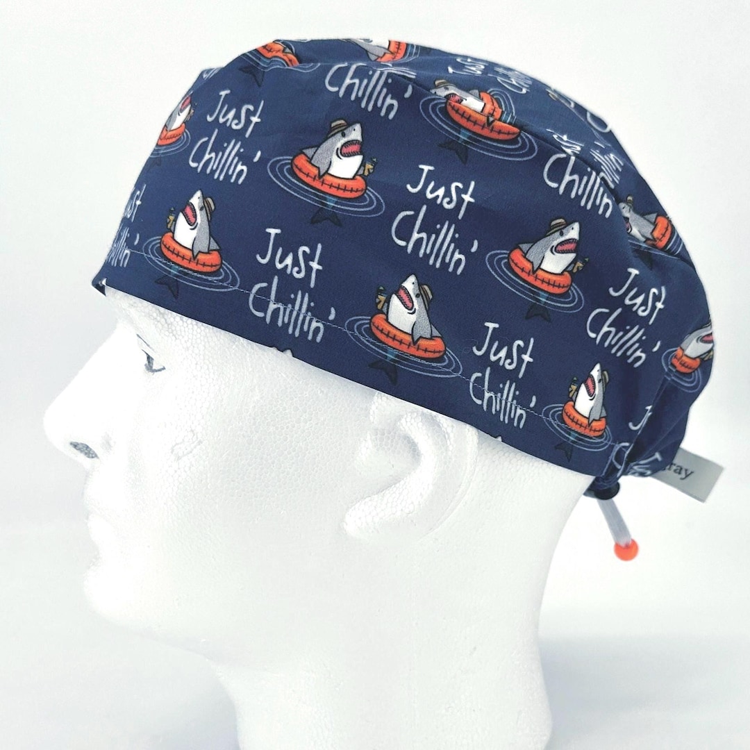 MENS Scrub Cap Navy Funny Medical Surgical Hat With Sharks Chilling in ...