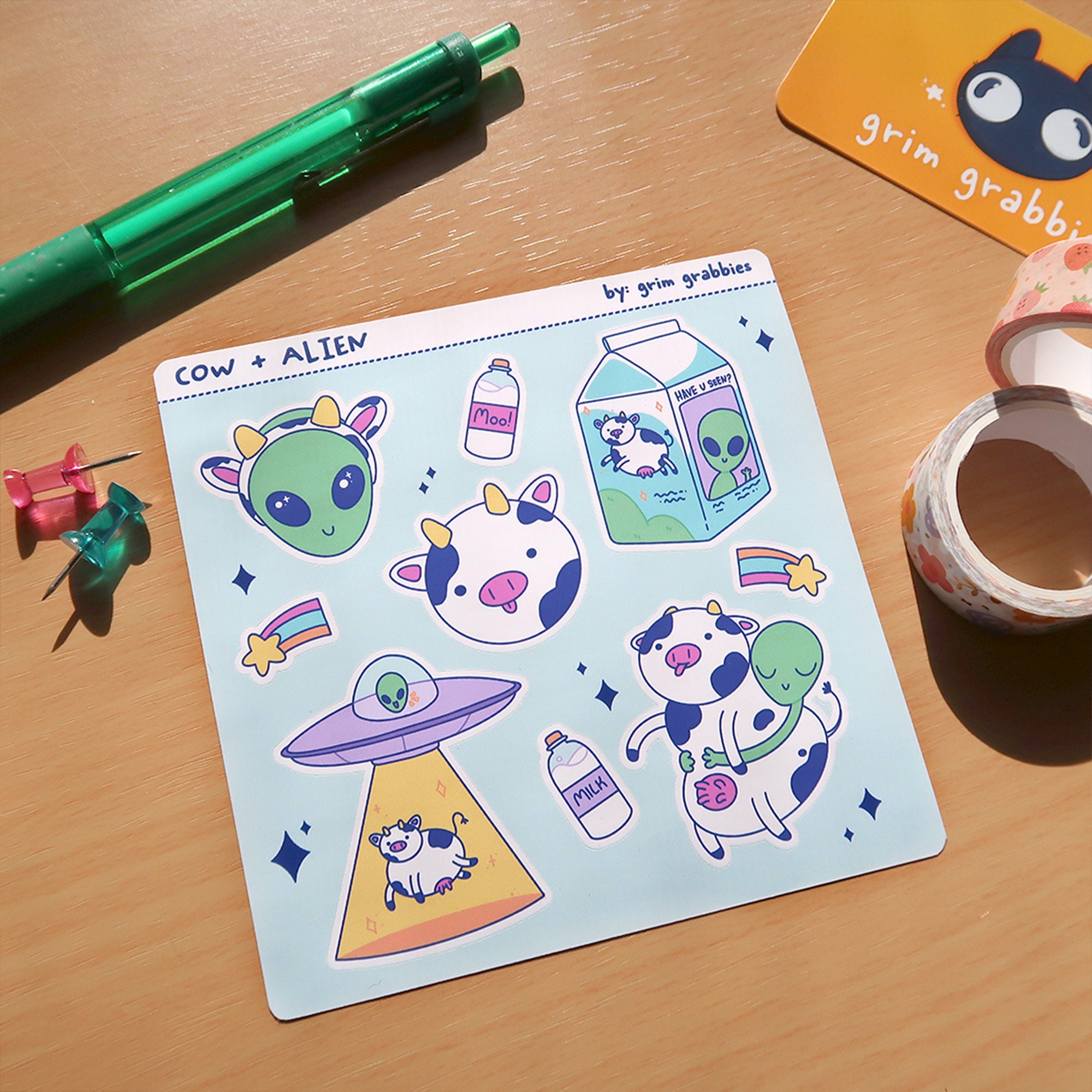 Mini Cow & Alien Sticker Sheet UFO Friends Cute Kawaii Moo | Etsy