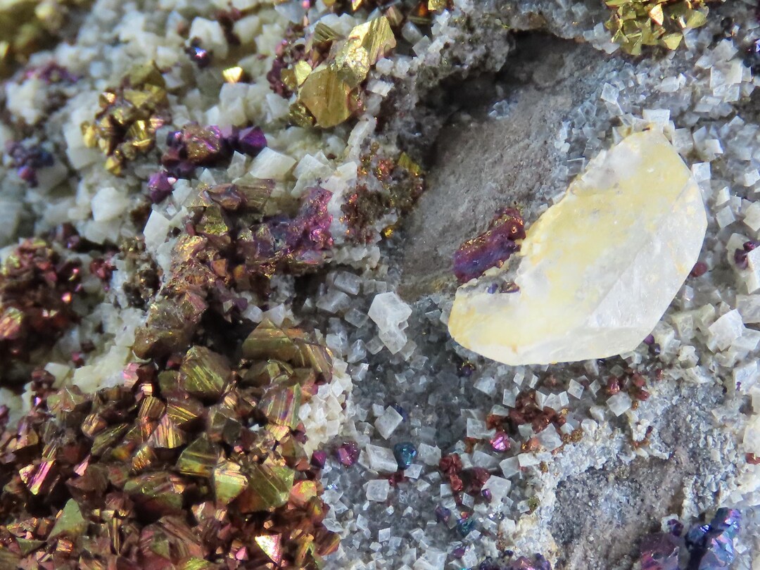 Large Iridescent Chalcopyrite, Double Barrel-yellow Calcite and ...