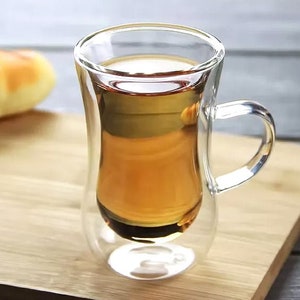 Double Walled Hourglass Tea Coffee Glass Cup With Handle Turkish Tulip ...