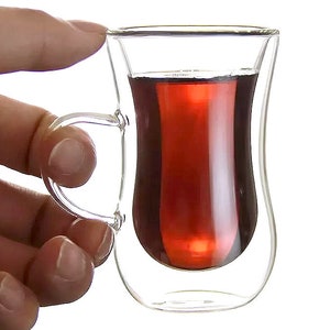 Double Walled Hourglass Tea Coffee Glass Cup With Handle Turkish Tulip ...