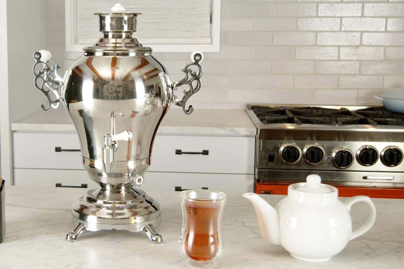 RAYA Classic Samovar Silver Tea Maker With White Porcelain Teapot ...