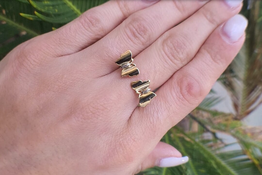 Double Butterfly Shiny Ring 14K Yellow Gold Dainty Ring Ring Valentines ...