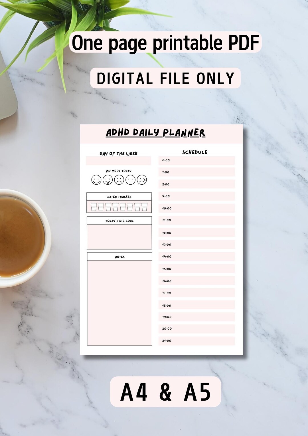 One Page Digital Download, ADHD Printable Daily Planner, Stay Organised ...