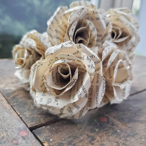 Book Page Roses With Stem Vintage Paper Flowers Literary - Etsy