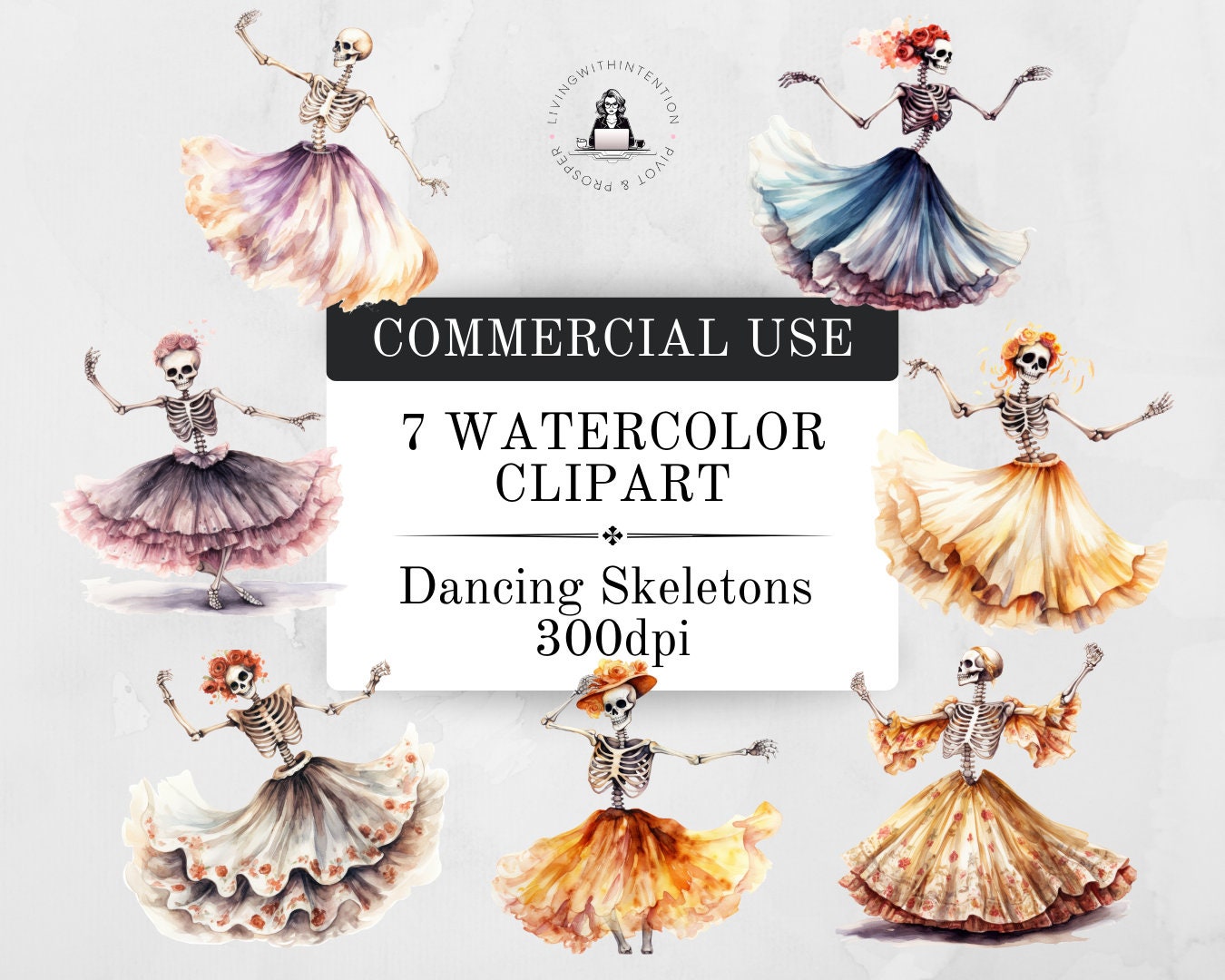 Dancing Skeleton Clipart | Watercolor Halloween Clipart | Cute Skeleton ...