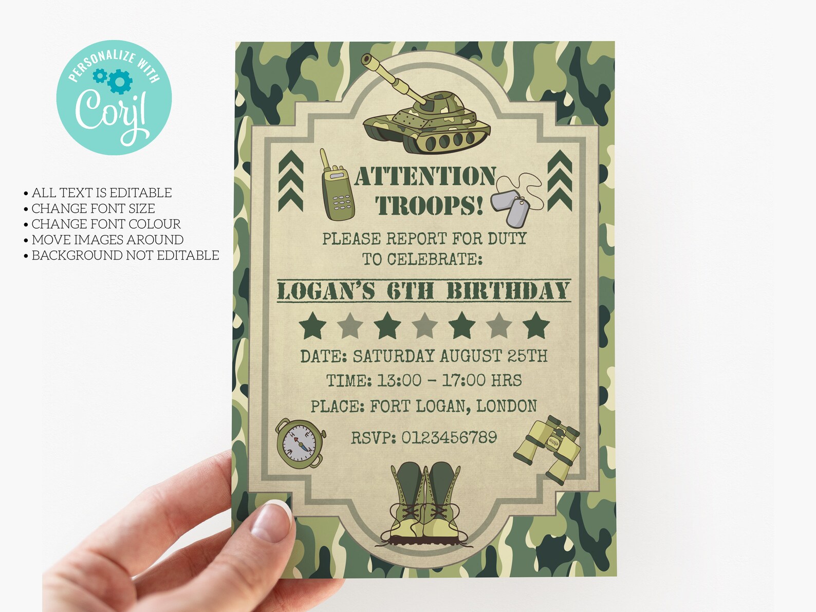 Military Camo Birthday Invitation Template Boys Camouflage Army Theme ...