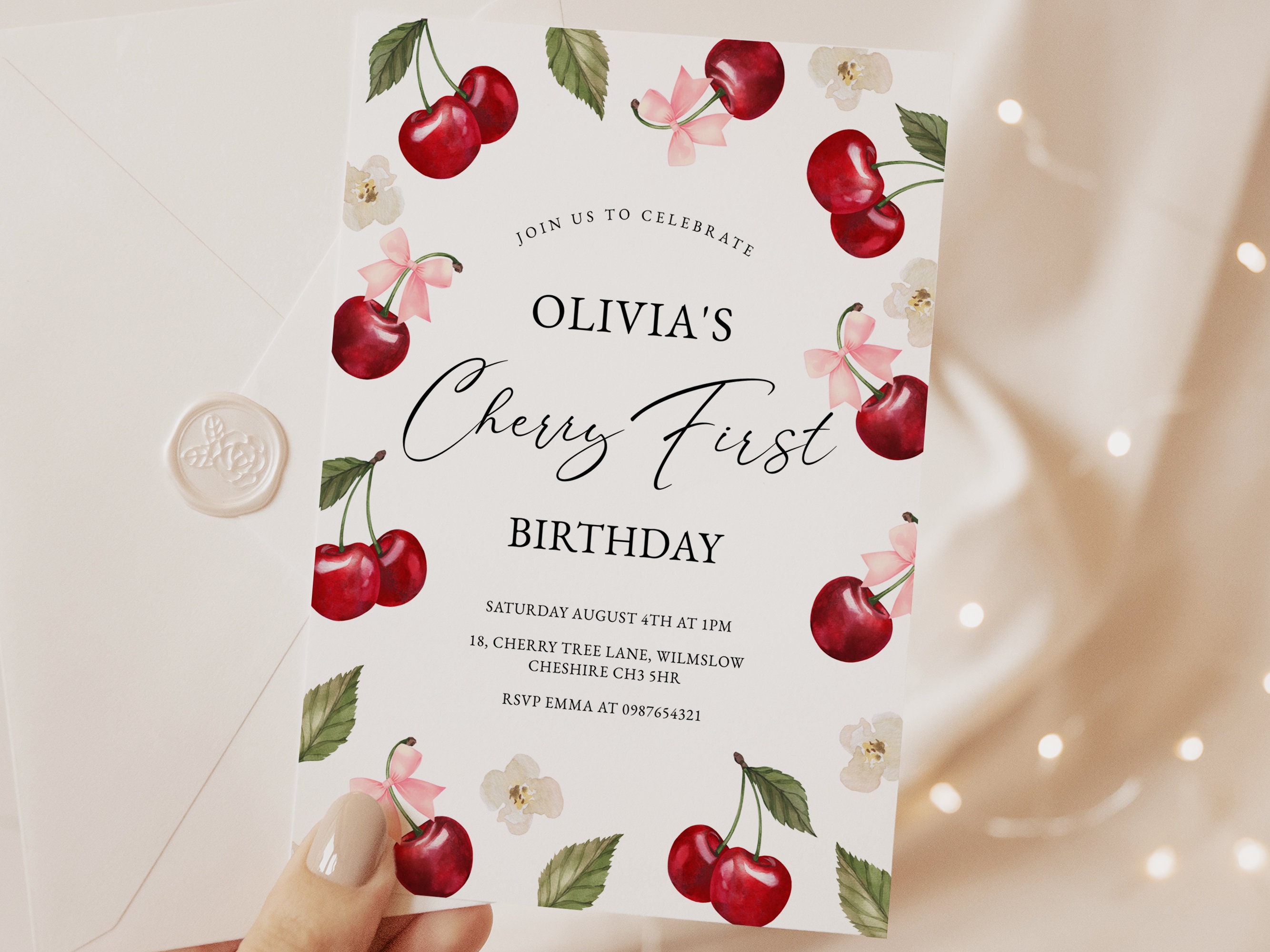 Editable Cherry 1st Birthday Invitation Cherry With Bow Invite Girl ...