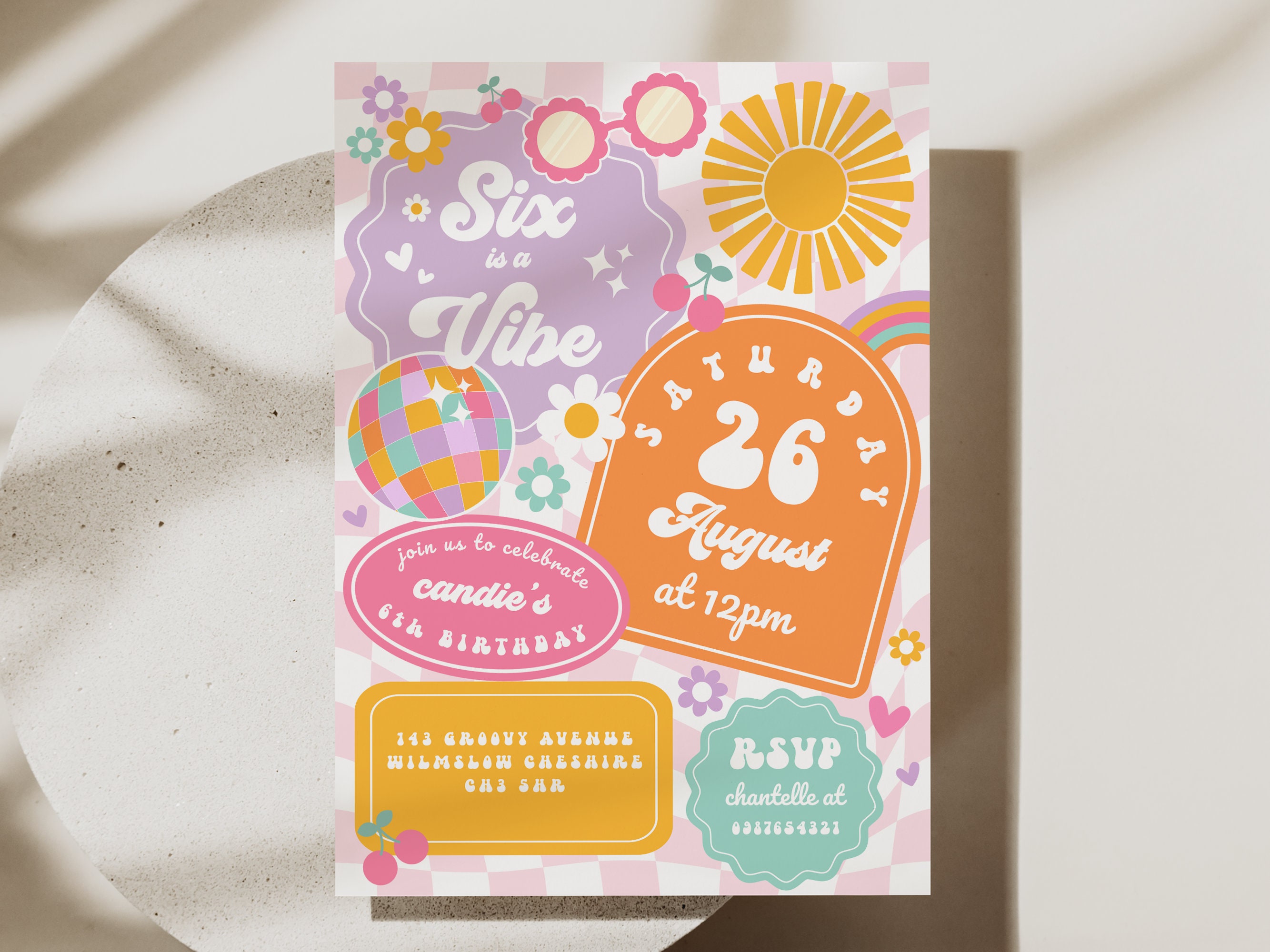 Editable Six is a Vibe Birthday Invitation Hippie Theme 6th Birthday ...
